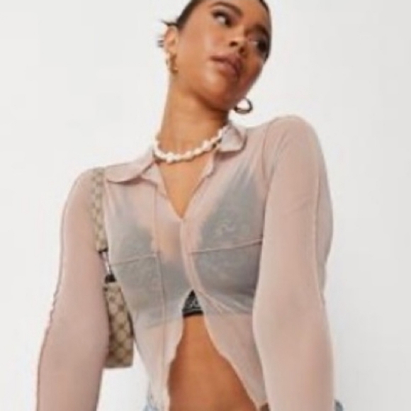 Missguided | Tops | Nwt Missguided Nude Sheer Collared Blouse 6 Exposed ...